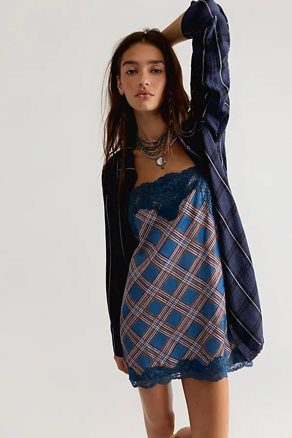 Free People Canal Street Plaid Slip Dress Set - Navy Combo