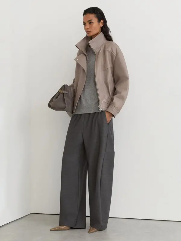 REISS Petra Textured Leather Oversized Jacket - Grey
