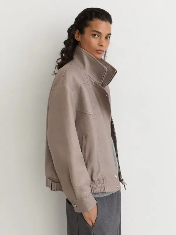 REISS Petra Textured Leather Oversized Jacket - Grey