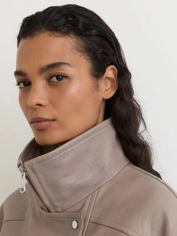 REISS Petra Textured Leather Oversized Jacket - Grey
