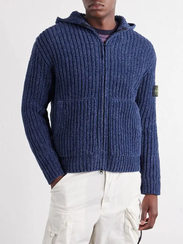 Stone Island Knitted Cotton-chenille Zip-up Hoodie - Blue