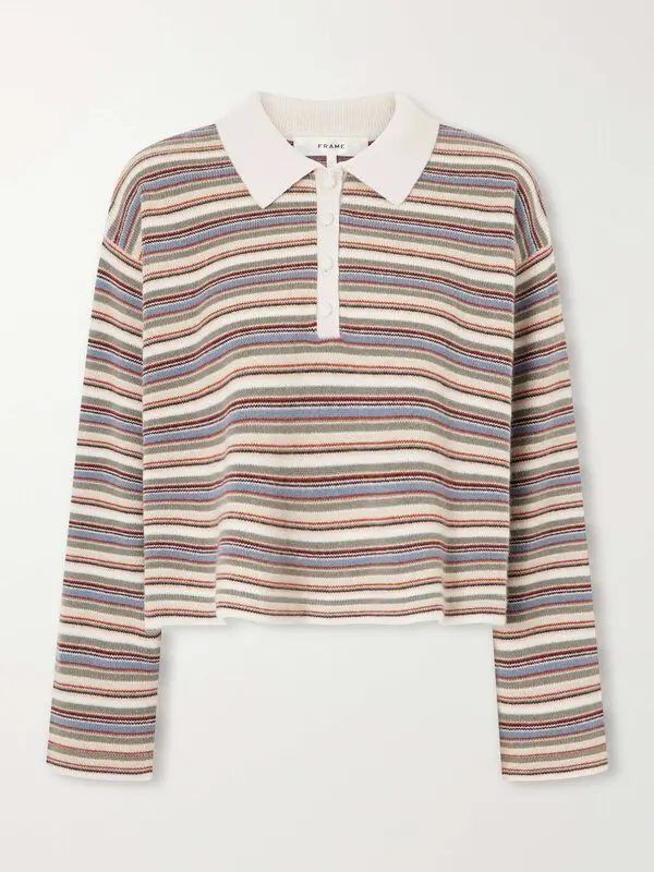 FRAME Striped Wool And Cashmere-blend Polo Sweater - Gray