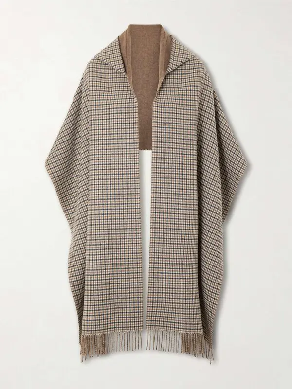 Brunello Cucinelli Hooded Fringed Checked Cashmere Wrap - Brown