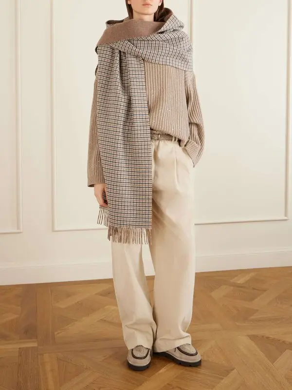 Brunello Cucinelli Hooded Fringed Checked Cashmere Wrap