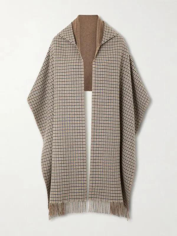 Brunello Cucinelli Hooded Fringed Checked Cashmere Wrap - Brown