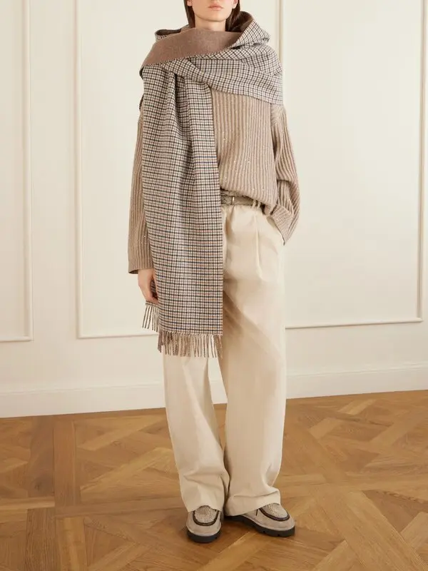 Brunello Cucinelli Hooded Fringed Checked Cashmere Wrap
