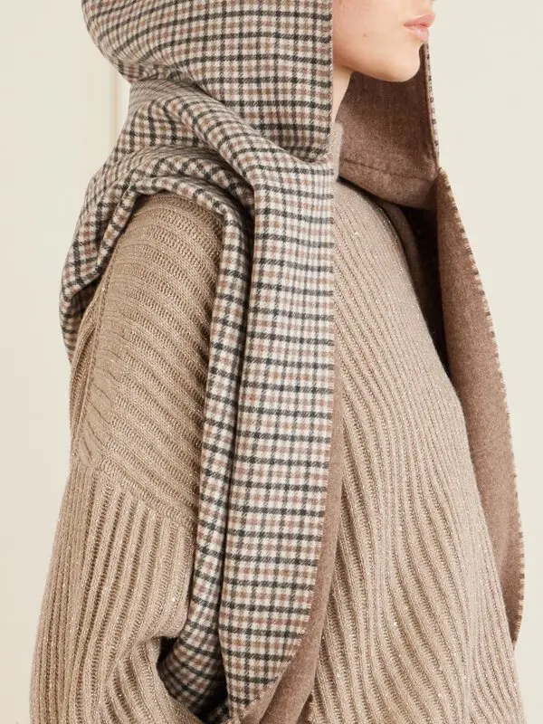 Brunello Cucinelli Hooded Fringed Checked Cashmere Wrap