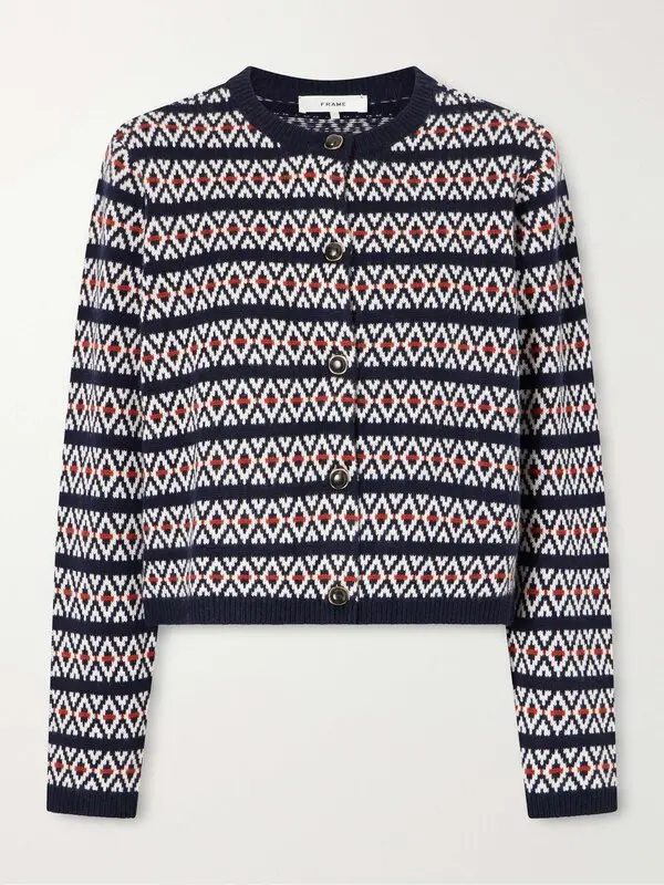 FRAME The Cashmere Cardigen Intarsia Wool And Cashmere-blend Cardigan - Navy