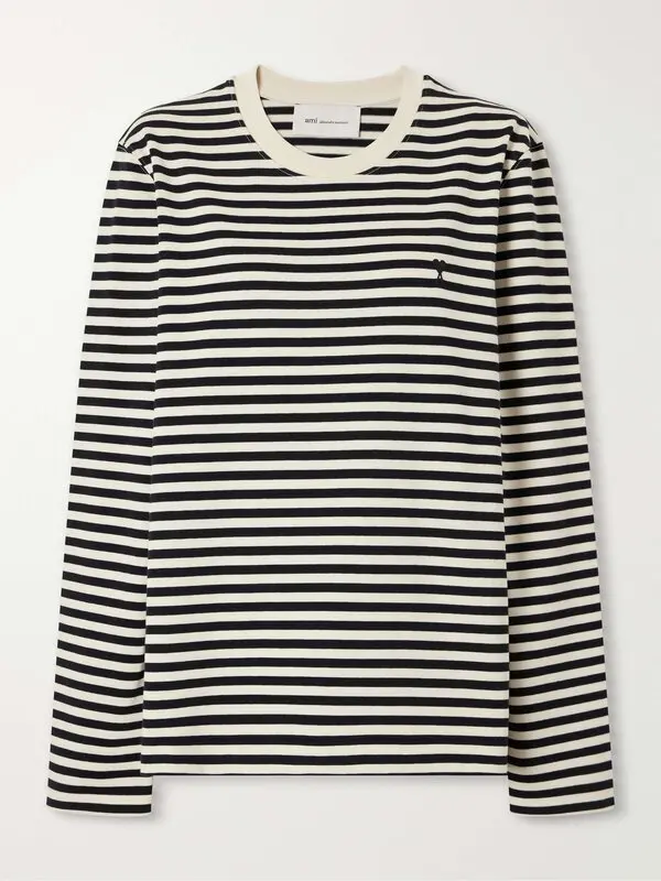 AMI Paris Logo-embroidered Striped Cotton-jersey T-shirt - Black