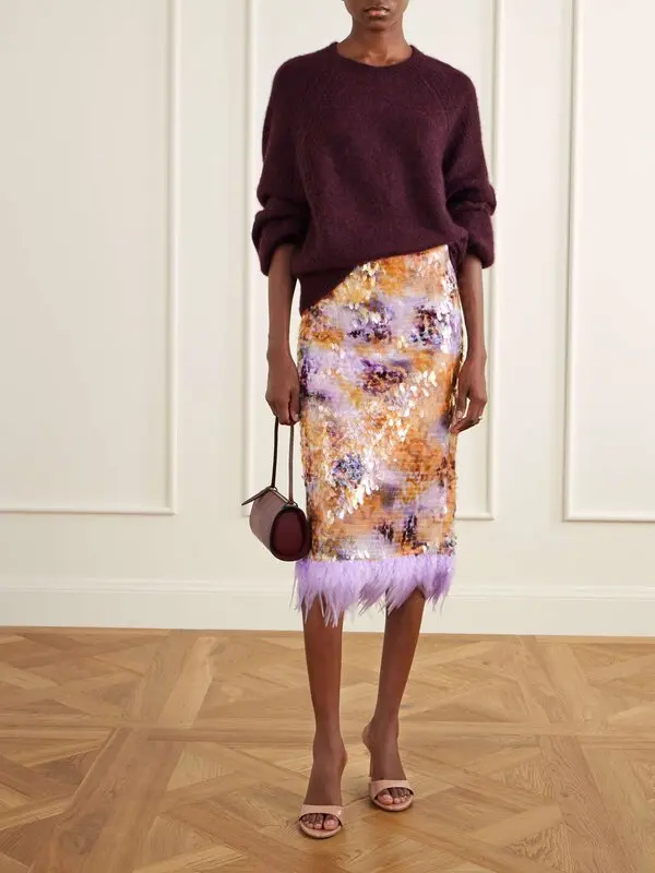 Staud Lark Sequin-embellished Feather-trimmed Mesh Midi Skirt