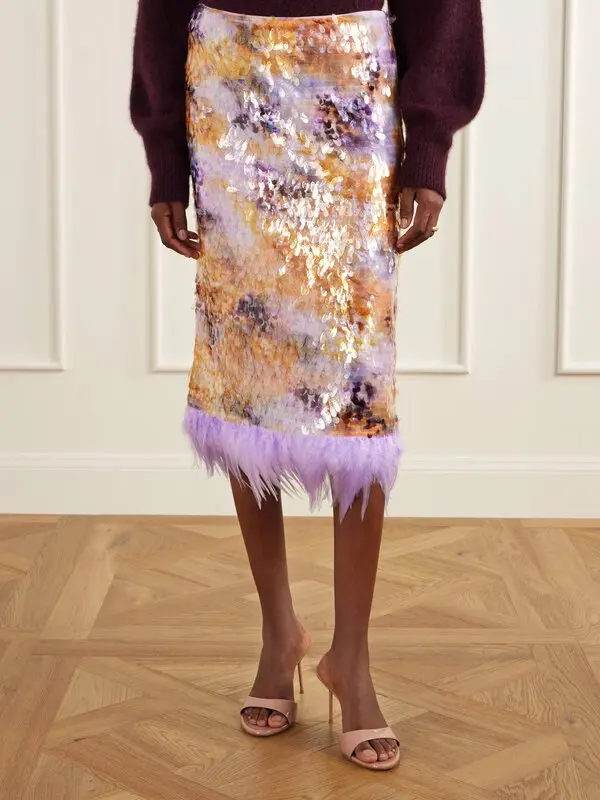 Staud Lark Sequin-embellished Feather-trimmed Mesh Midi Skirt - Multi