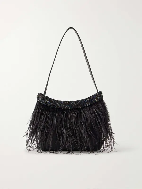 Staud Winslow Bead And Feather-embellished Silk Shoulder Bag - Black