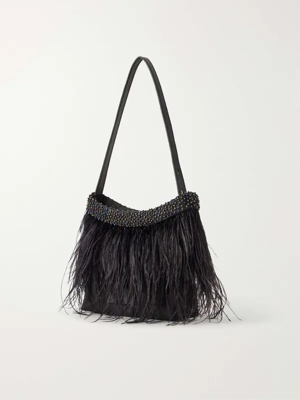 Staud Winslow Bead And Feather-embellished Silk Shoulder Bag