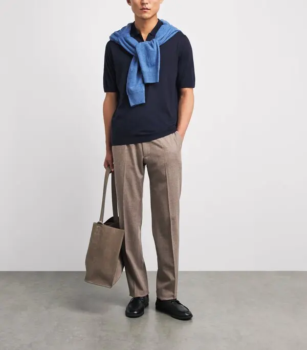 MAURIZIO BALDASSARI Virgin Wool Zip-up Polo Shirt - Navy