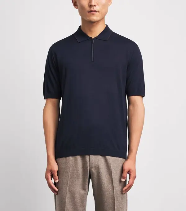 MAURIZIO BALDASSARI Virgin Wool Zip-up Polo Shirt - Navy