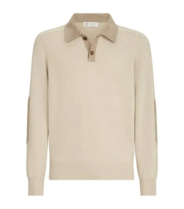 Brunello Cucinelli Cashmere Suede-collar Polo Sweater - Beige