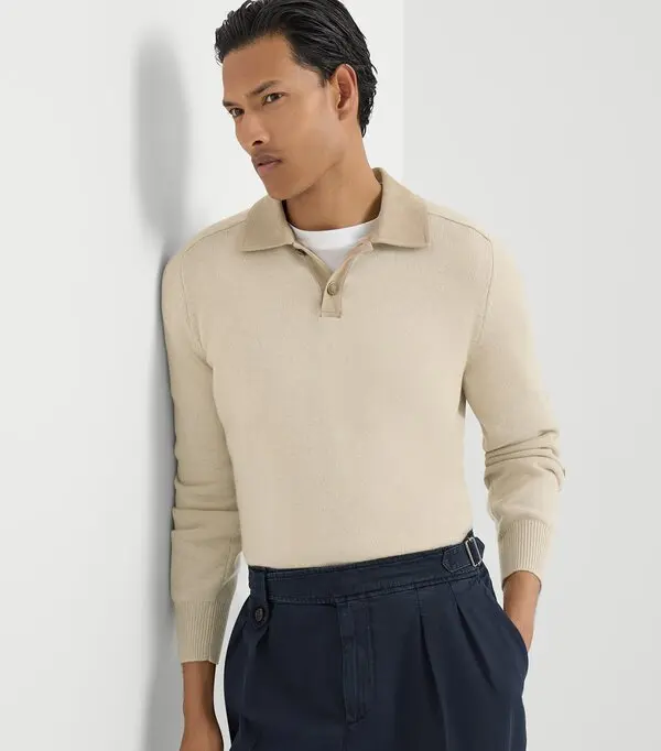 Brunello Cucinelli Cashmere Suede-collar Polo Sweater
