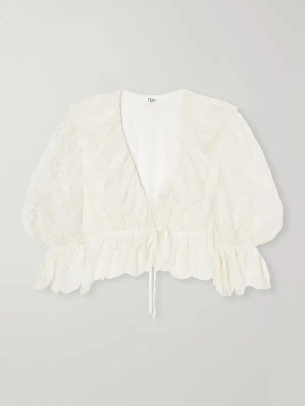 Chloé Cropped Embellished Ruffled Broderie Anglaise Cotton-blend Top - White
