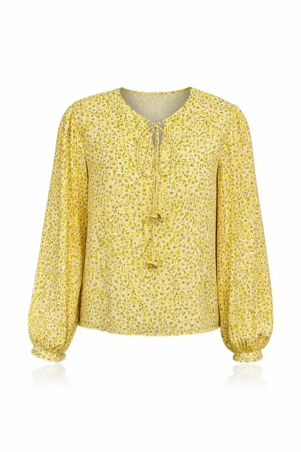 EXQUISE Florenz Crew Neck Tie Front Patterned Blouse Multi Color - Yellow