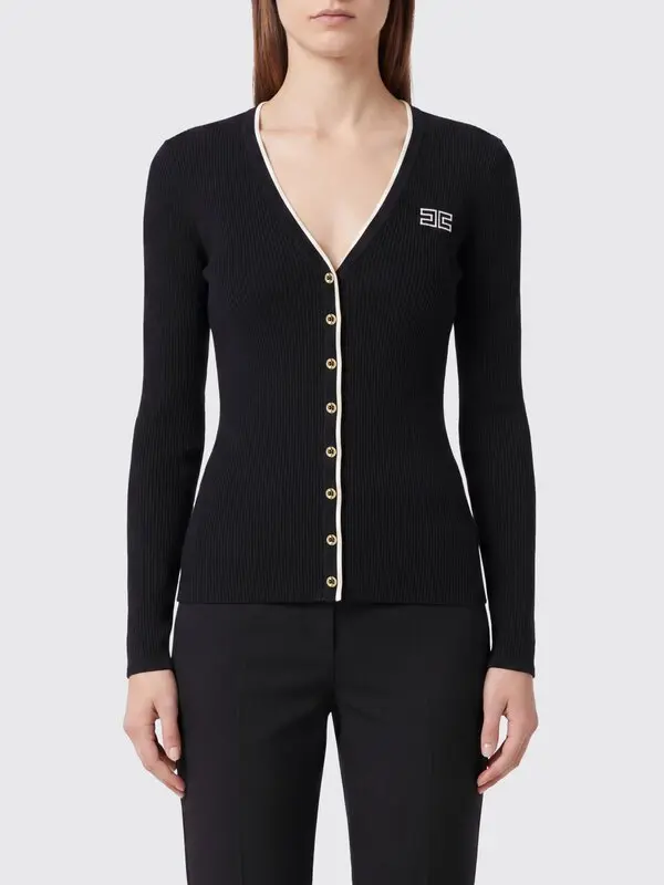 Elisabetta Franchi Slim Fit Wool Cardigan With Contrast Trim And Logo