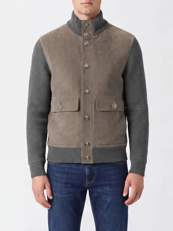 Brunello Cucinelli Suede Calfskin Bomber Jacket With Knit Details - Grey