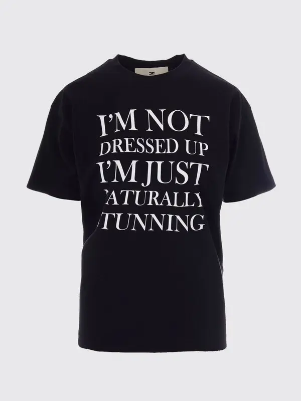Elisabetta Franchi Cotton T-shirt With Slogan Print And Back Logo - Black