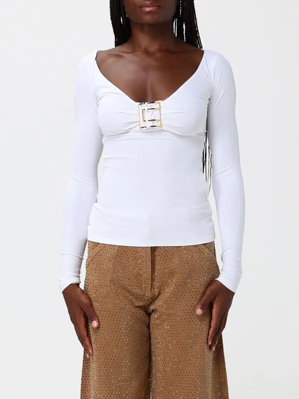 Elisabetta Franchi Long Sleeve V-neck Top With Metallic Detail - Ivory