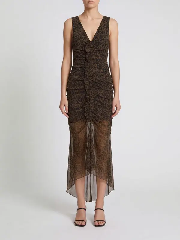 ROTATE BY BIRGER CHRISTENSEN Animalier Print Ruched Off-the-shoulder Midi Sheath Dress