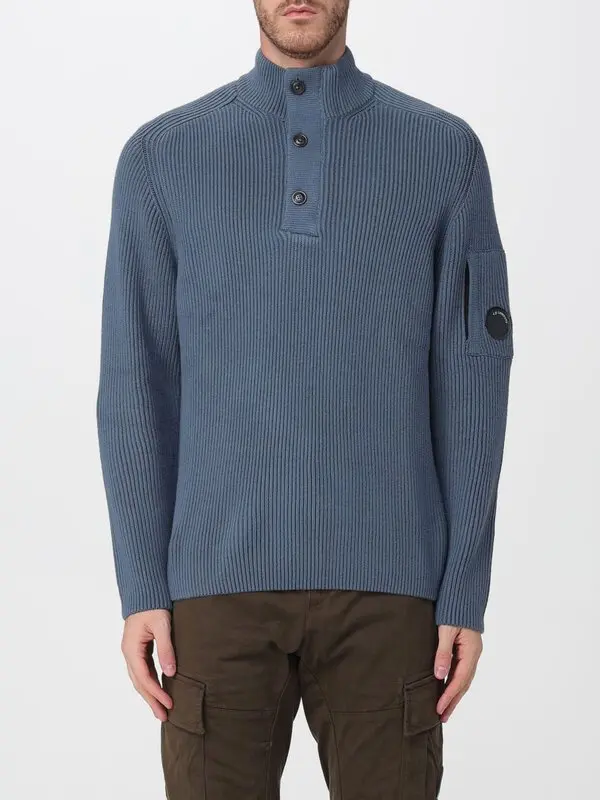 C.P. COMPANY Slim Fit Mock Neck Jumper In Cotton Blend With Buttons - Blue