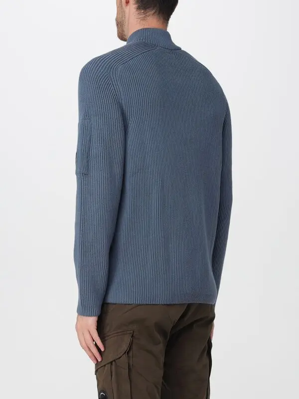 C.P. COMPANY Slim Fit Mock Neck Jumper In Cotton Blend With Buttons - Blue