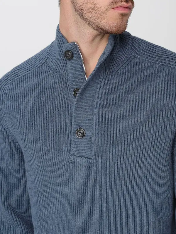 C.P. COMPANY Slim Fit Mock Neck Jumper In Cotton Blend With Buttons - Blue