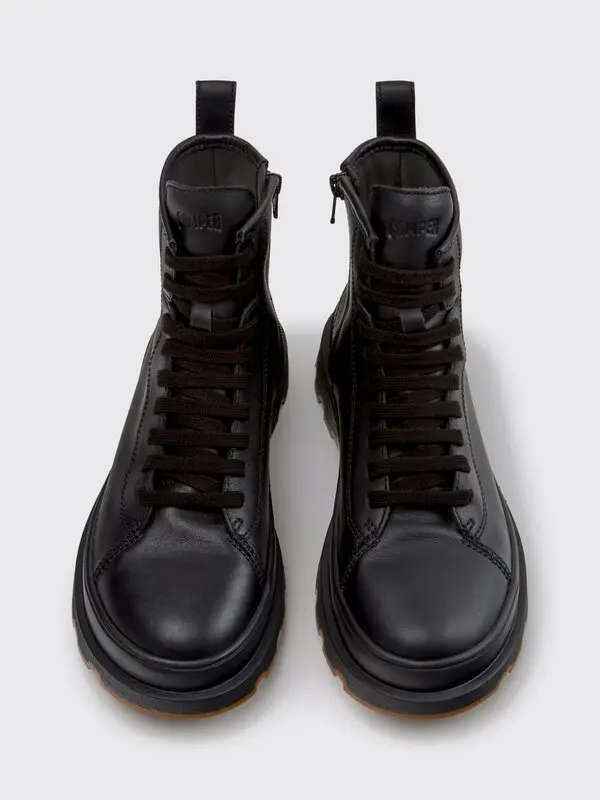 Camper Brutus+ Smooth Calfskin Combat Boots With Lug Sole - Black