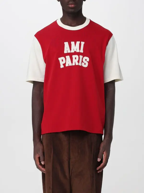 AMI Paris Two-tone Logo Print Cotton T-shirt - Ruby