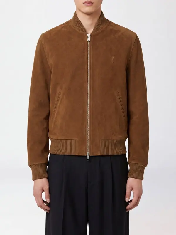 AMI Paris Relaxed Fit Suede Leather Bomber Jacket With Embroidered Logo