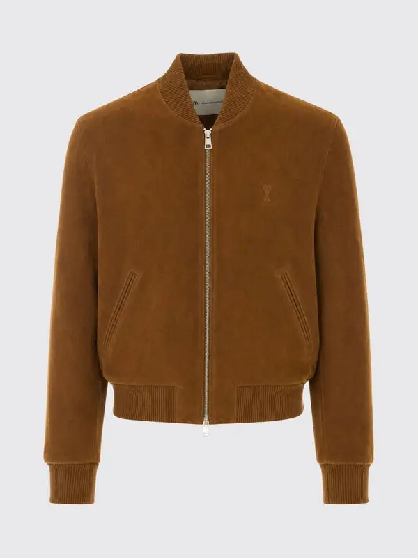 AMI Paris Relaxed Fit Suede Leather Bomber Jacket With Embroidered Logo