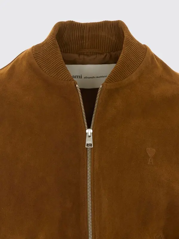 AMI Paris Relaxed Fit Suede Leather Bomber Jacket With Embroidered Logo