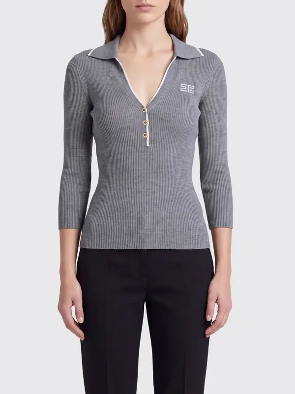 Elisabetta Franchi Slim Fit Long-sleeved Ribbed Knitted Polo Shirt - Grey