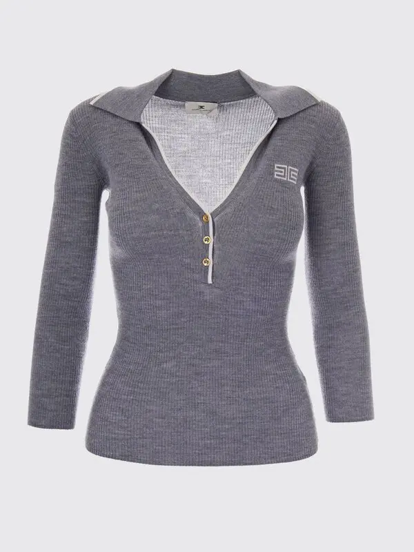 Elisabetta Franchi Slim Fit Long-sleeved Ribbed Knitted Polo Shirt - Grey