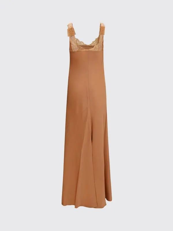 FORTE_FORTE Long Satin Slip Dress With Lace Inserts - Beige