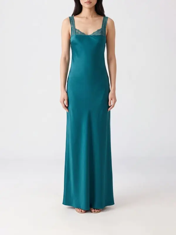 FORTE_FORTE Long Satin Slip Dress With Lace Inserts - Blue