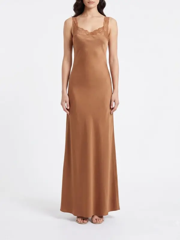 FORTE_FORTE Long Satin Slip Dress With Lace Inserts