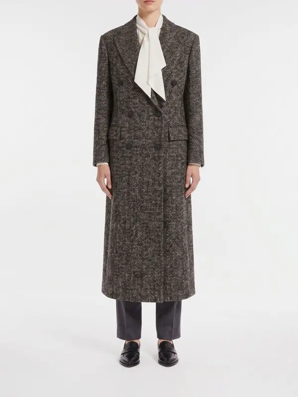 Tagliatore Chevron Pattern Double-breasted Long Wool Coat With Classic Lapels