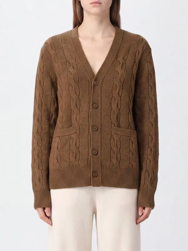AMI Paris V-neck Merino Wool Cardigan With Patch Pockets - Camel
