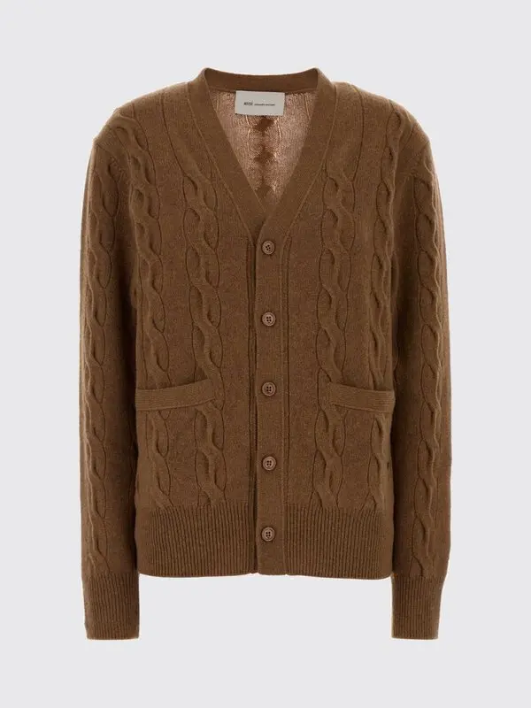AMI Paris V-neck Merino Wool Cardigan With Patch Pockets - Camel