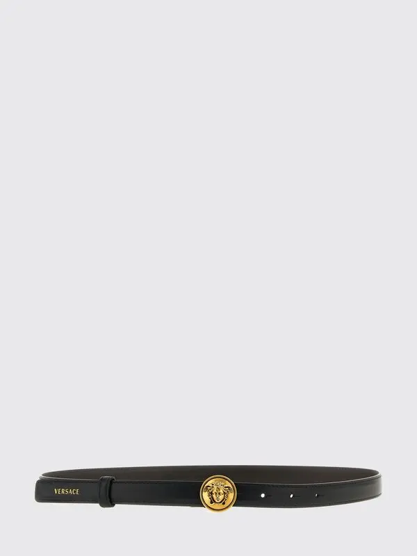 Versace Calfskin Leather Belt With Monogram Buckle And Logo - Black