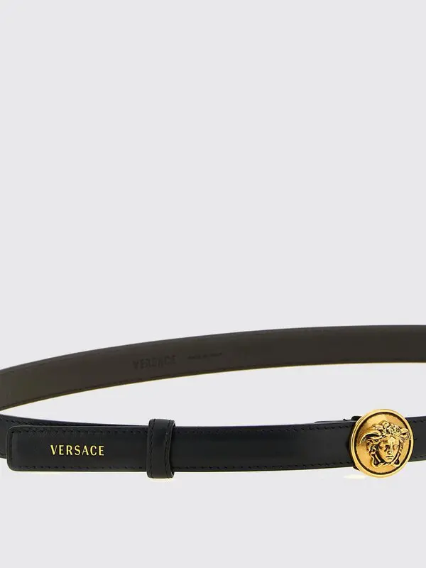 Versace Calfskin Leather Belt With Monogram Buckle And Logo