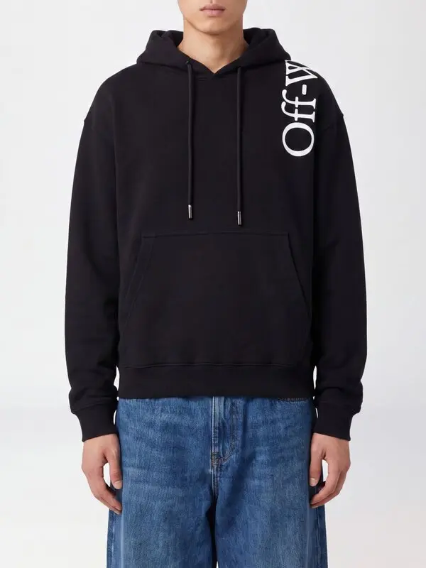 Off-White Relaxed Fit Cotton Hoodie With Printed Logo - Black