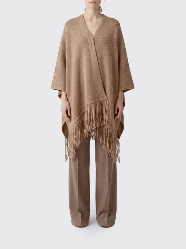 Max Mara Knee-length Wrap Cape In Wool And Cashmere With Fringed Hem - Brown