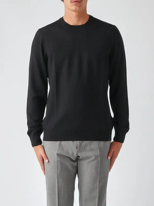 FAY Pure Merino Wool Crewneck Jumper With Ribbed Trims - Black