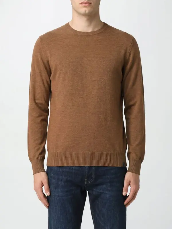 FAY Pure Merino Wool Crewneck Jumper With Ribbed Trims - Leather